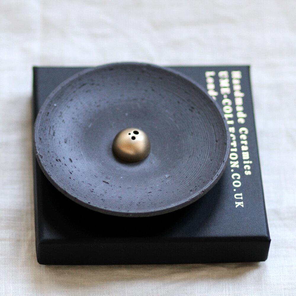 Ume | Black Incense & Smudging Dish (Black Stoneware) and Gold Dome Holder